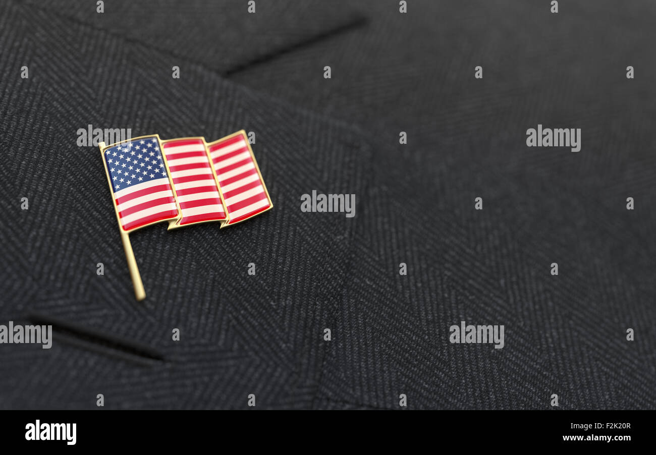 USA flag lapel pin on the collar of a business suit jacket shows ...