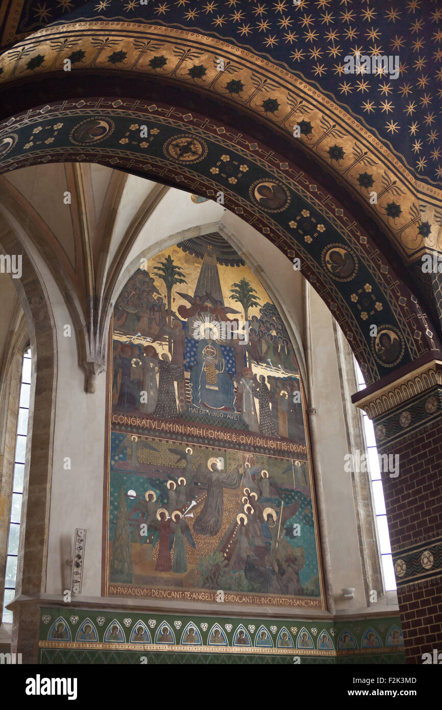 Saint Benedict in front of the Virgin. Mural painting by the Beuron Art ...