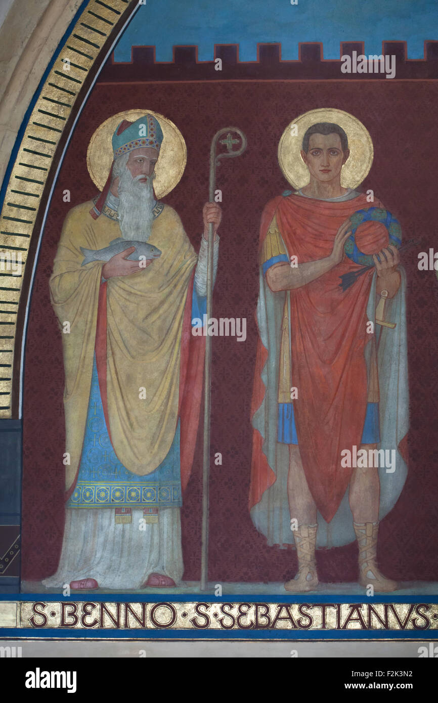 Saint Benno of Meissen and Saint Sebastian. Mural painting by the ...
