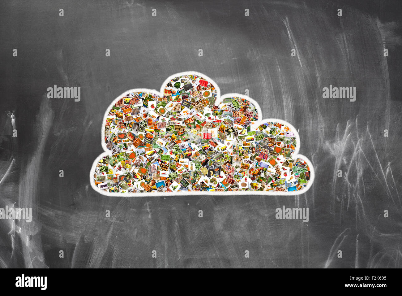 Cloud computing concept. Many photos inside a cloud on blackboard Stock ...