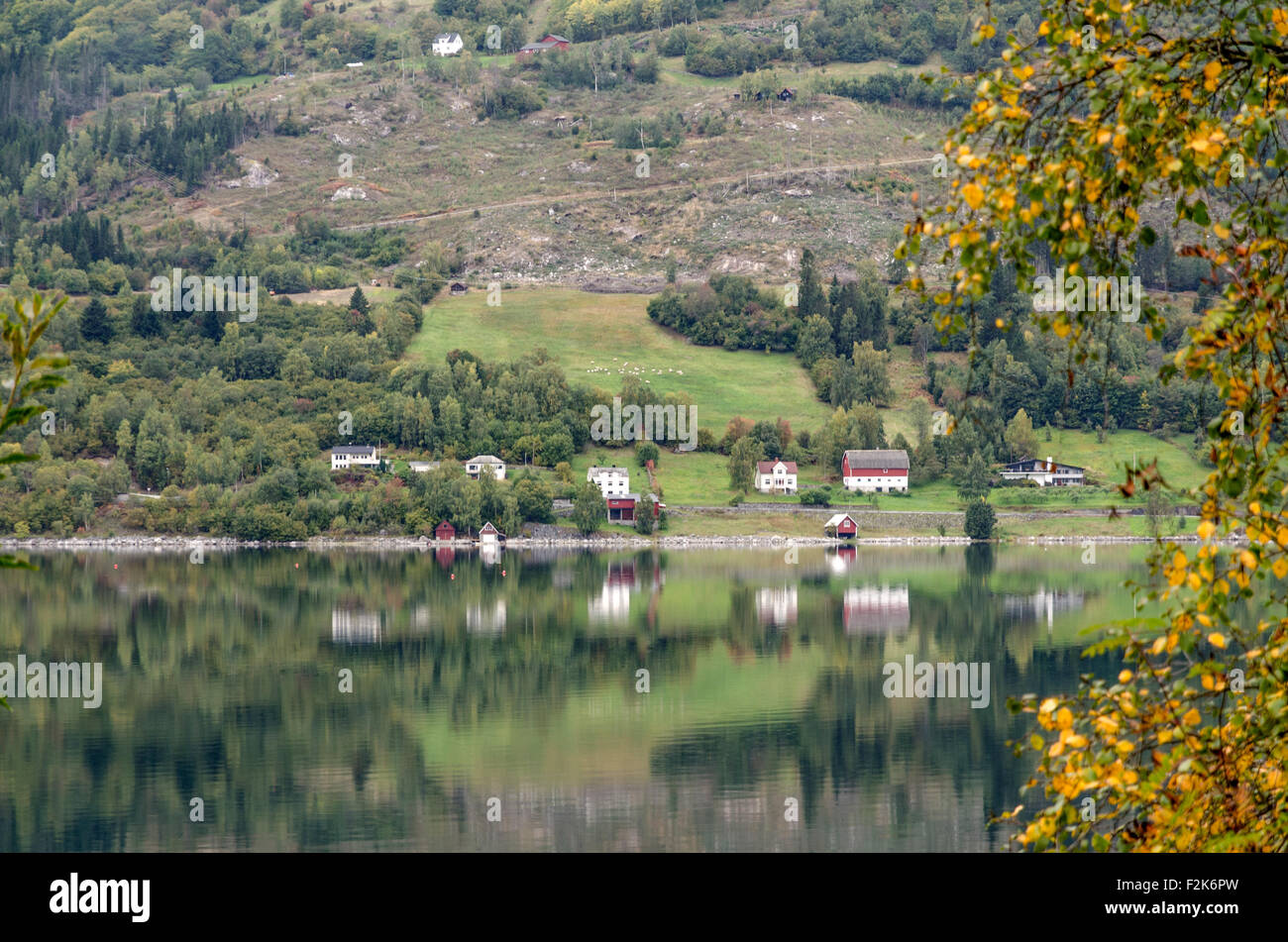 Reflection in Norway fjord at fall time Stock Photo - Alamy