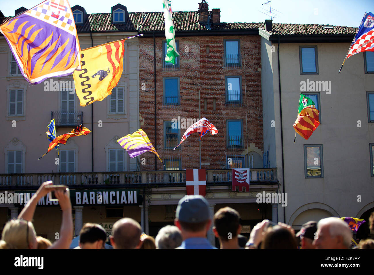 Asti, Italy. 20th Sep, 2015. Flag throwing contest is held during the ...