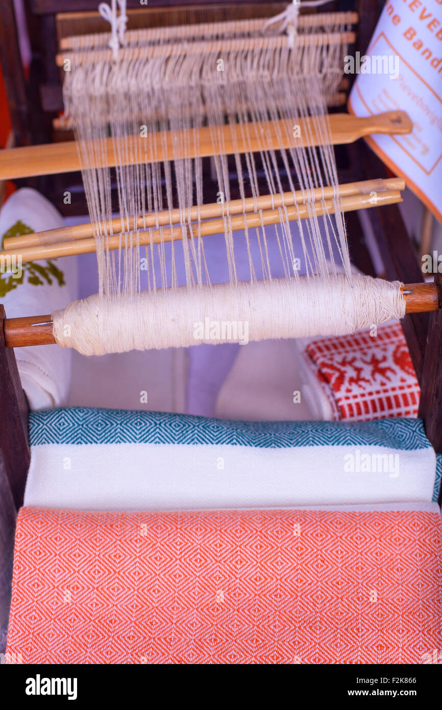 View of loom white thread homemade Stock Photo - Alamy