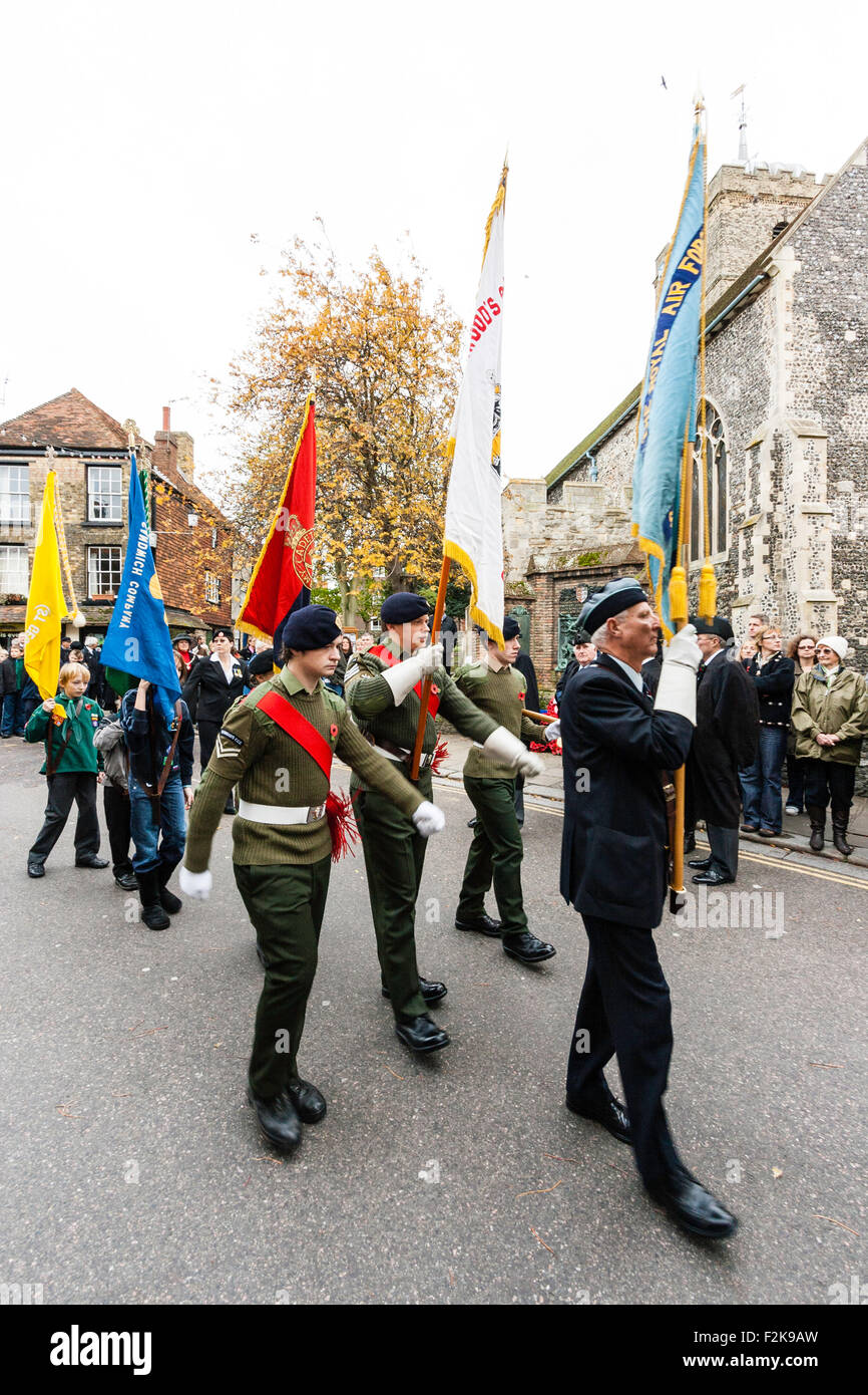 Remembrance Sunday in November. Parade through the street in Sandwich ...