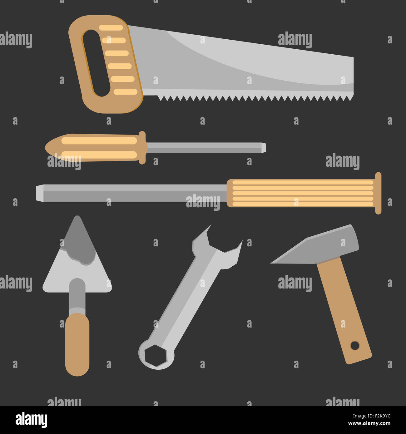 Set of hand tools. Chisel and trowel, handle and spanner, instrument ...