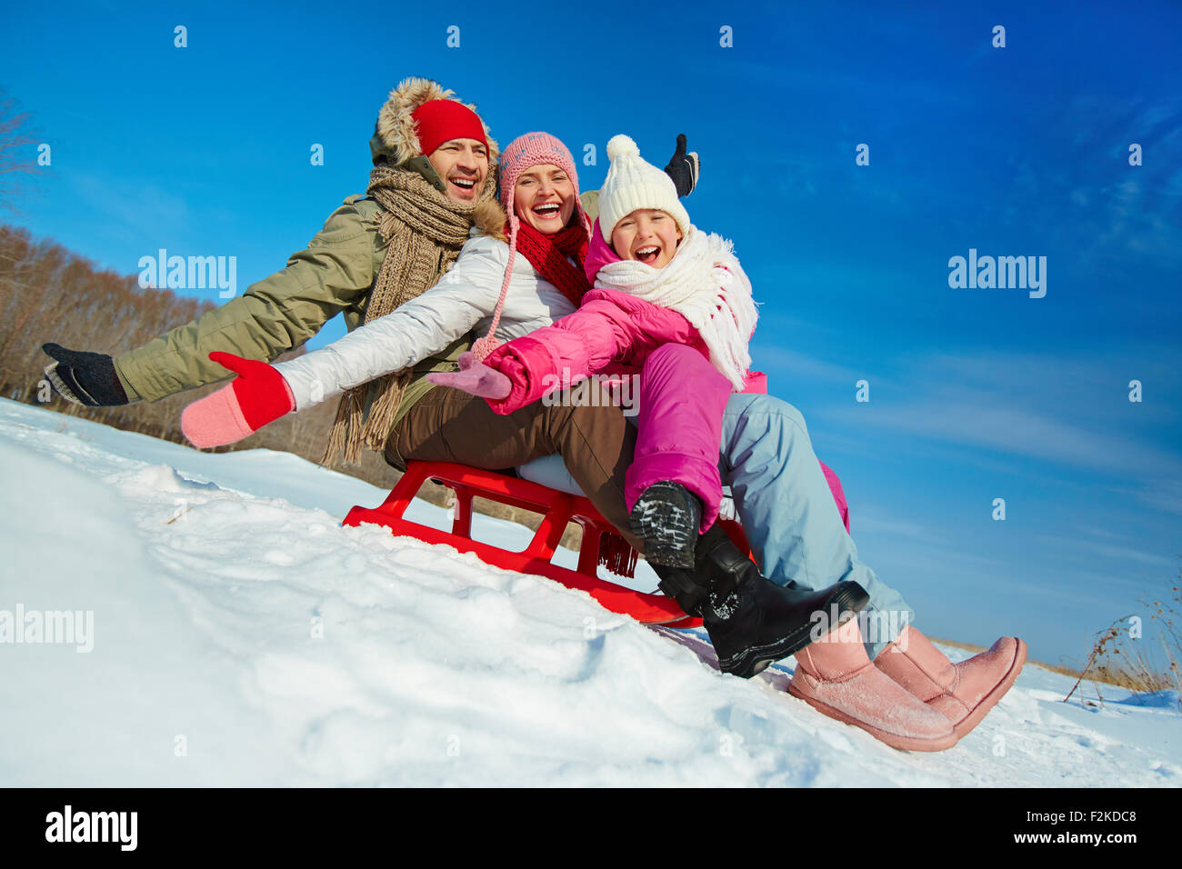 Ecstatic family on sledge having fun in winter Stock Photo - Alamy