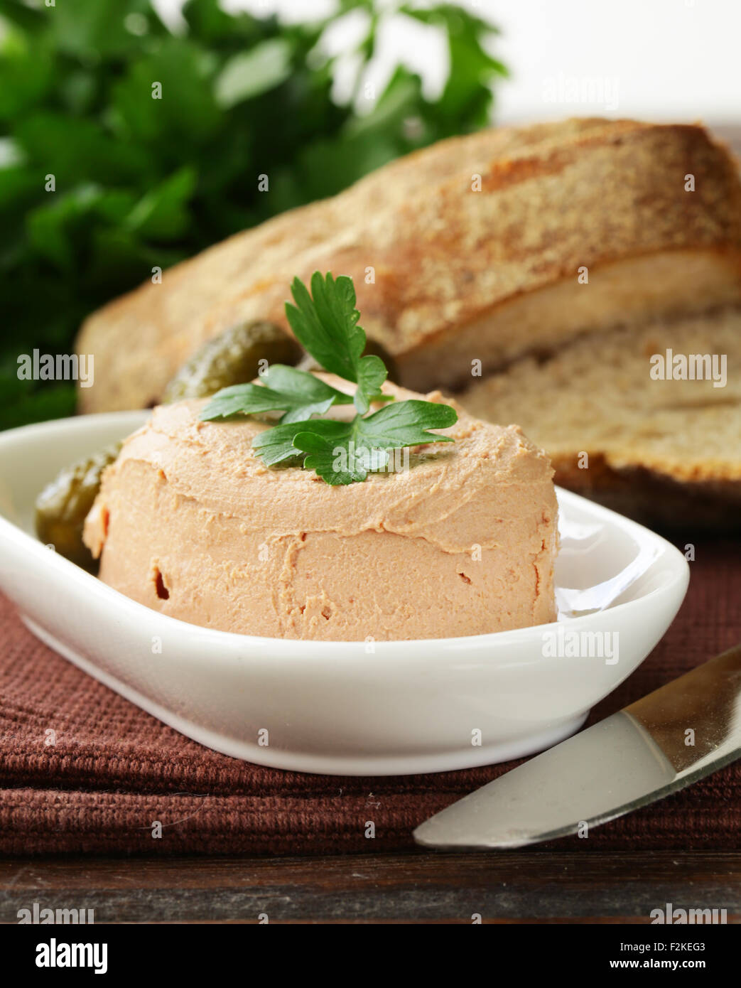 homemade meat pate with pickles and white bread Stock Photo - Alamy