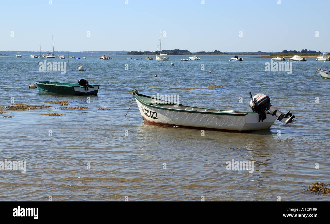 View of moored motor boats from beach at Langle, Sene, Vannes, Morbihan ...
