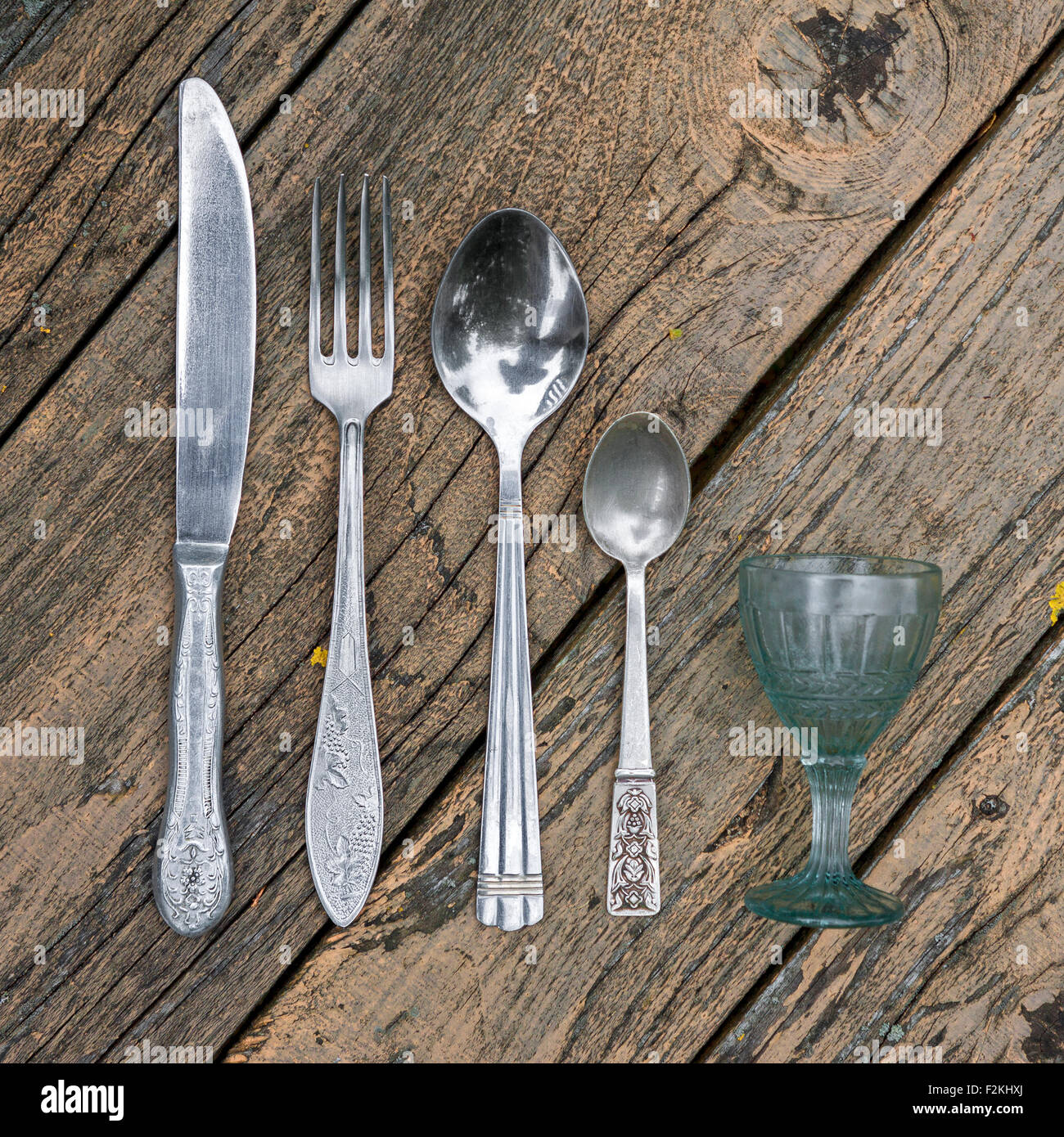 Set of vintage silverware kitchen utensils, knife, fork, spoons and ...