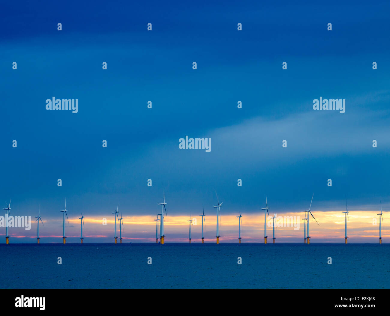 Teesside offshore wind farm on the north east coast at sunrise. England ...