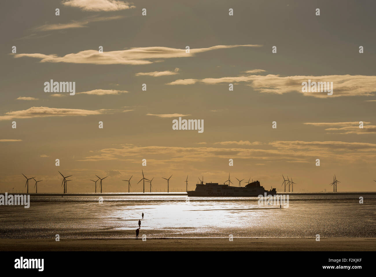 Sunset. Crosby beach River Mersey Merseyside North West England. Ro Ro ...