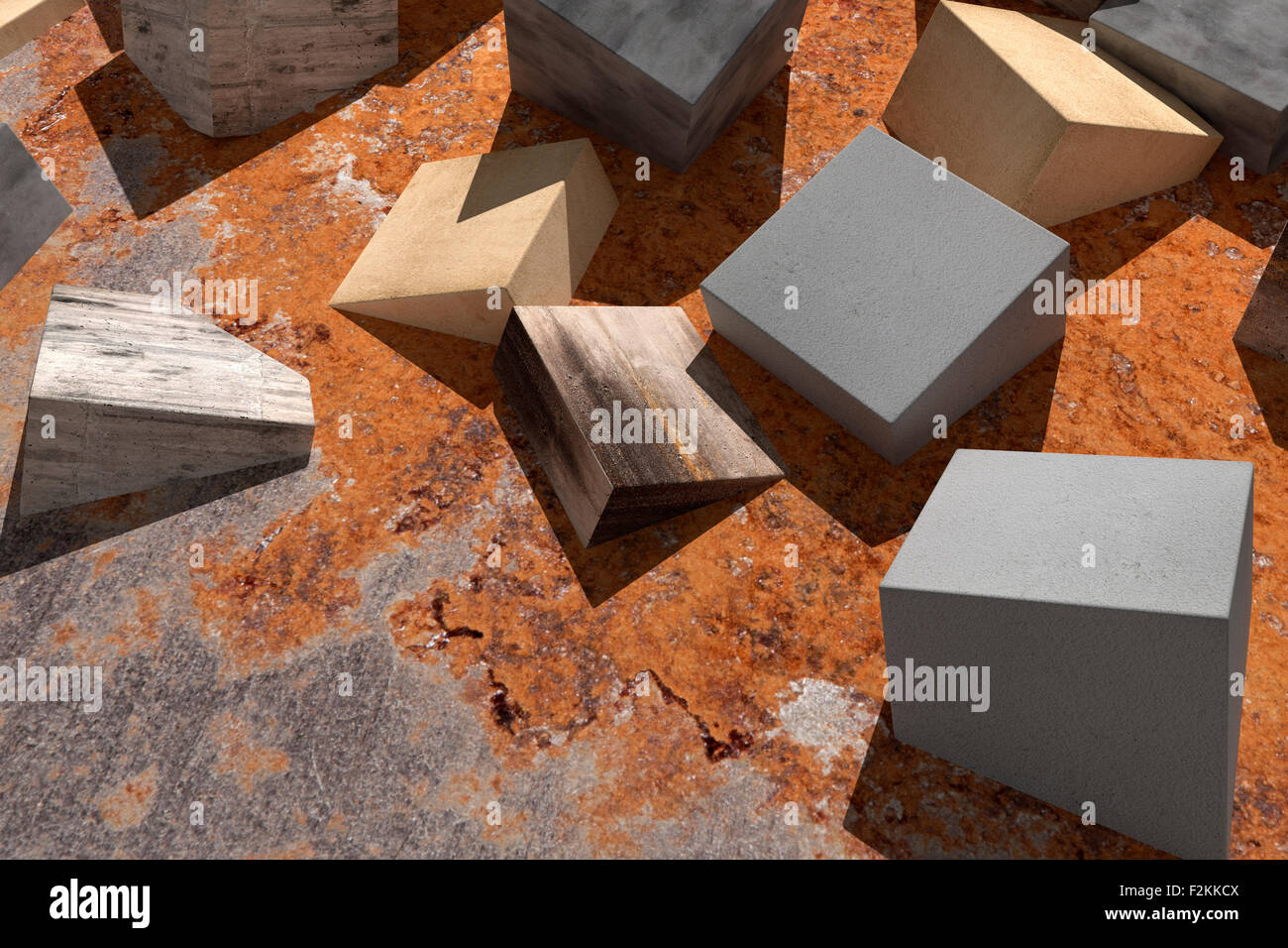 3d rendering of some textured cubes buried in the floor Stock Photo - Alamy