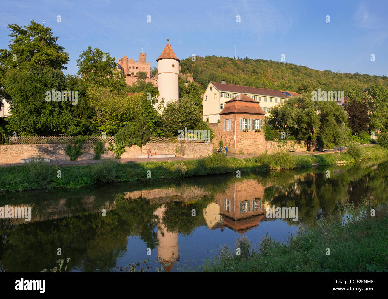 River Tauber, Kittsteintor, Red tower and castle ruins, Wertheim, Baden ...