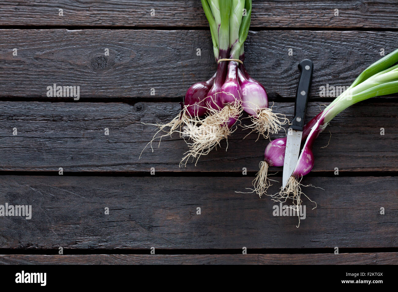 Bunch of red spring onions and kitchen knife on dark wood Stock Photo ...