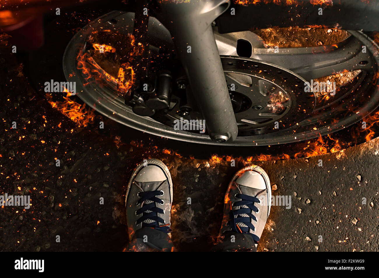 Motorbike wheel in flame, fire illustration Stock Photo - Alamy