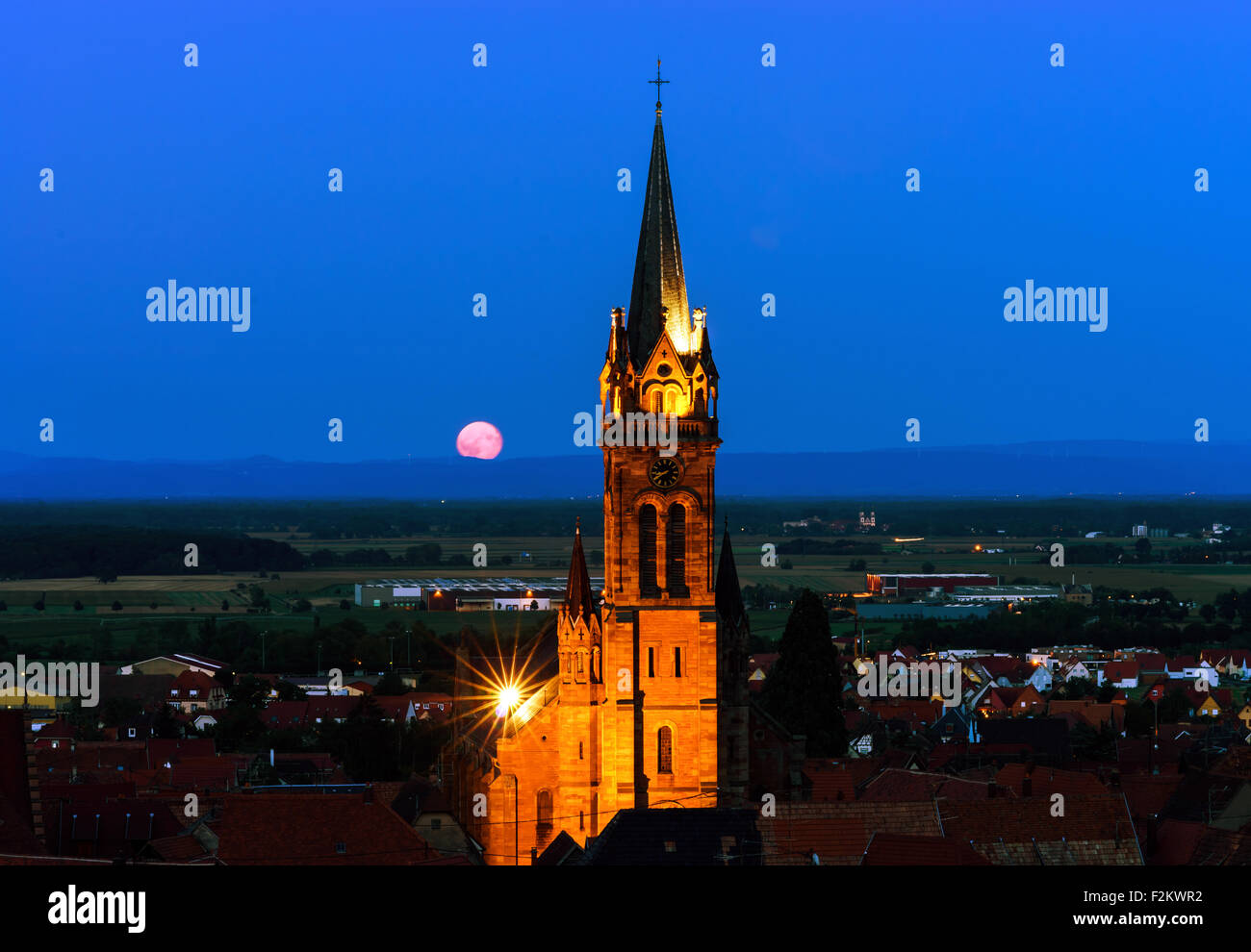 Beautiful moonrise over the church, Alsace, Dambach-la-ville, France ...
