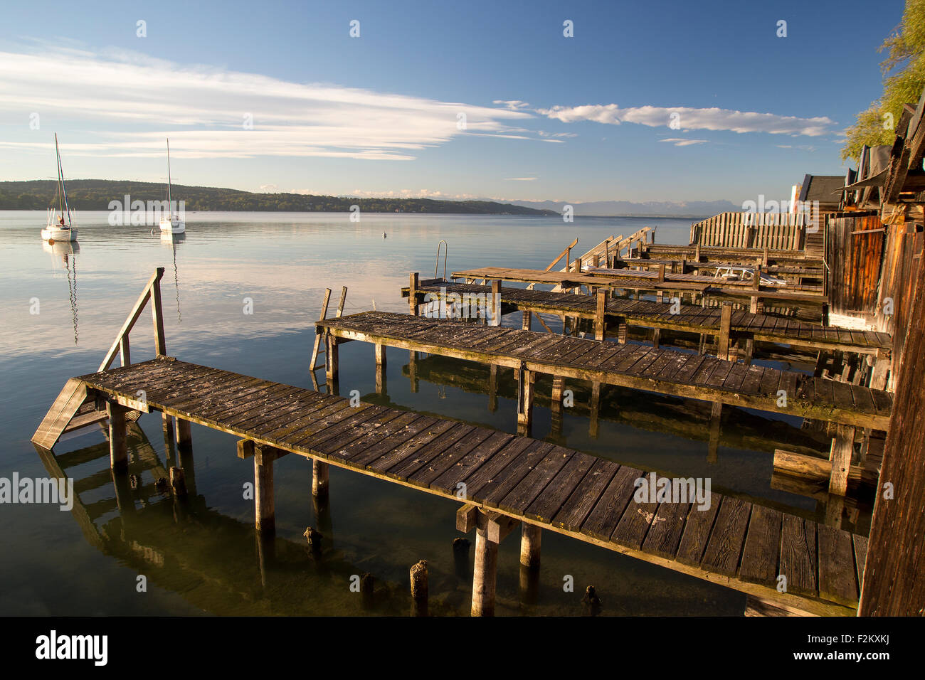 Starnberg See, Lake in Bavaria, Germany - old wooden jetties and boat ...