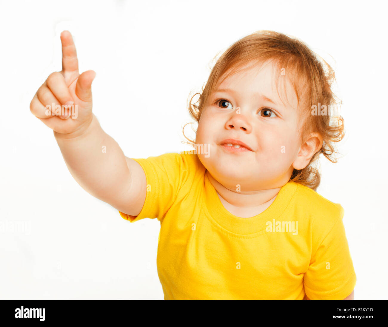 little cute baby girl pointing isolated on white close up Stock Photo ...