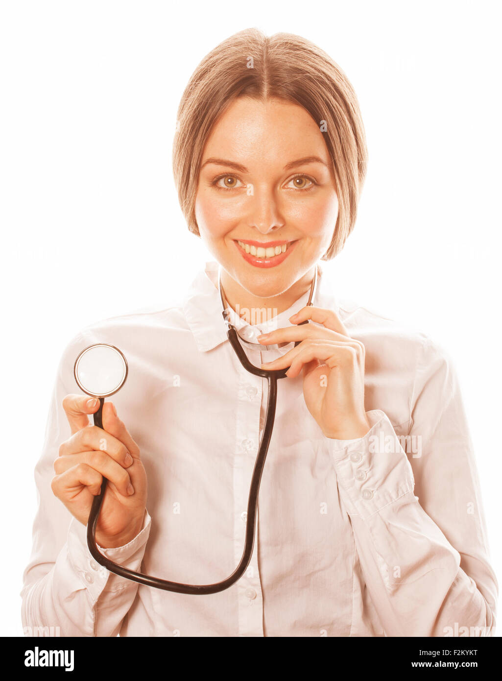 young pretty woman doctor with stethoscope on white background Stock ...