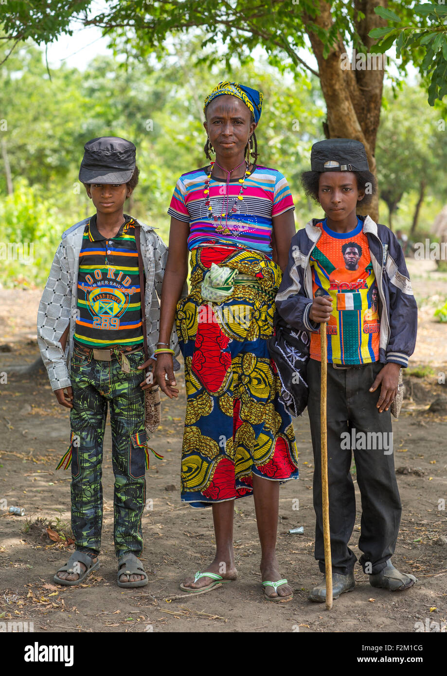 Benin, West Africa, Gossoue, a fulani peul mother with her two sons ...