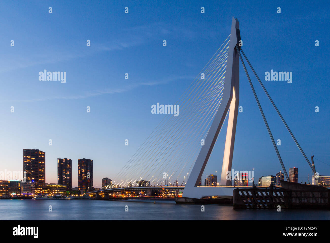 Cityscape Erasmus Bridge, Rotterdam, Netherlands at Dusk Stock Photo ...