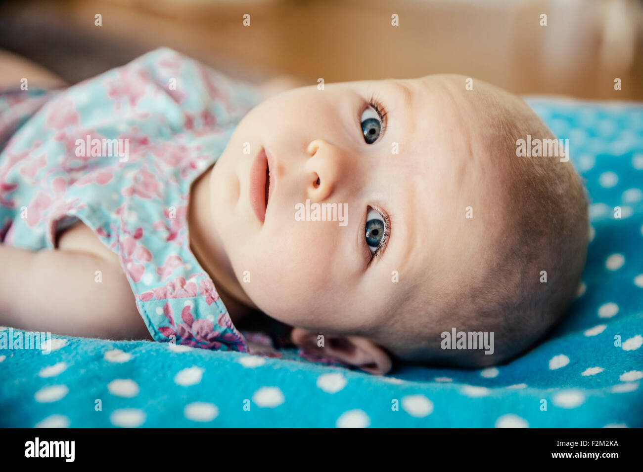 Portrait of baby girl lying on dotted blanket Stock Photo - Alamy
