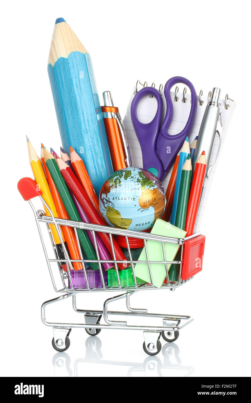 School office supplies into shopping cart on white background Stock ...