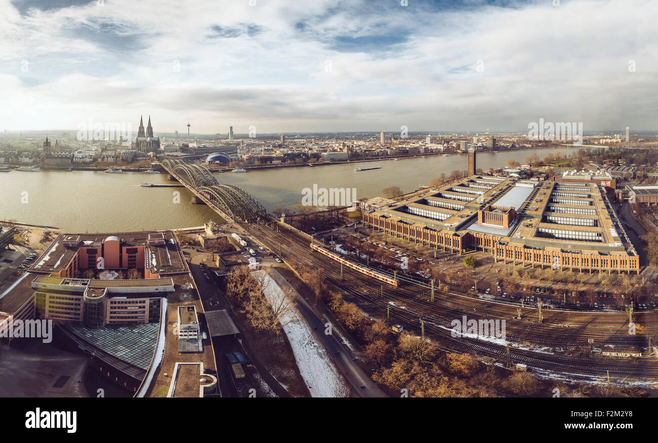Germany, Cologne, view to the city with Rhine River and Hohenzollern ...