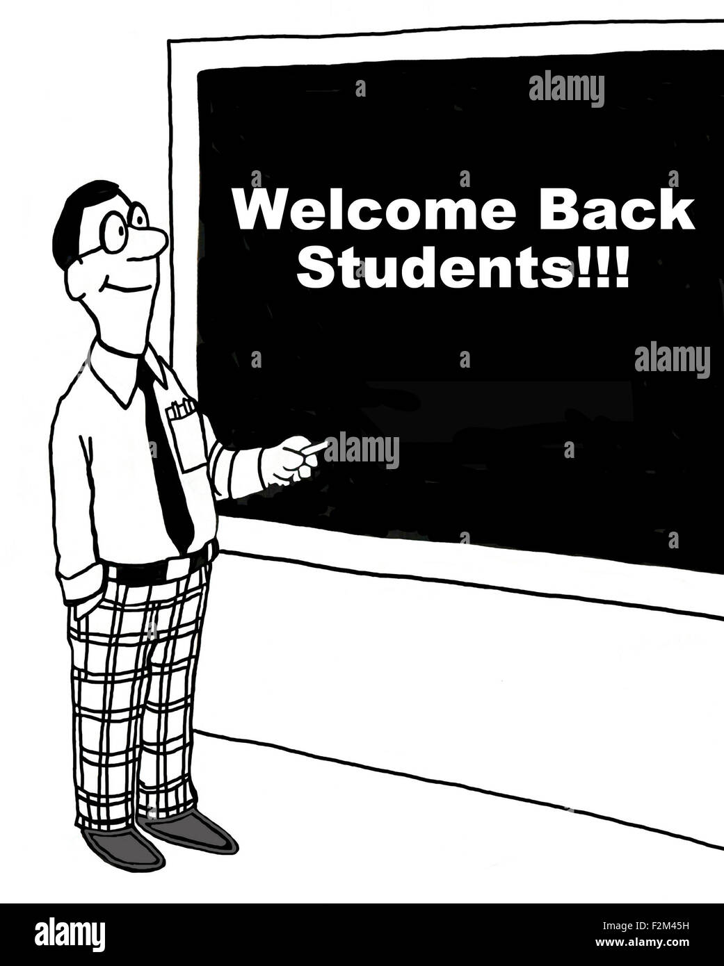 Education cartoon showing teacher at blackboard that reads, 'Welcome ...