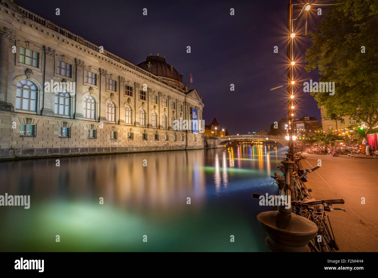 Germany, Berlin, Bode Museum Spree river and illuminated promenade at ...