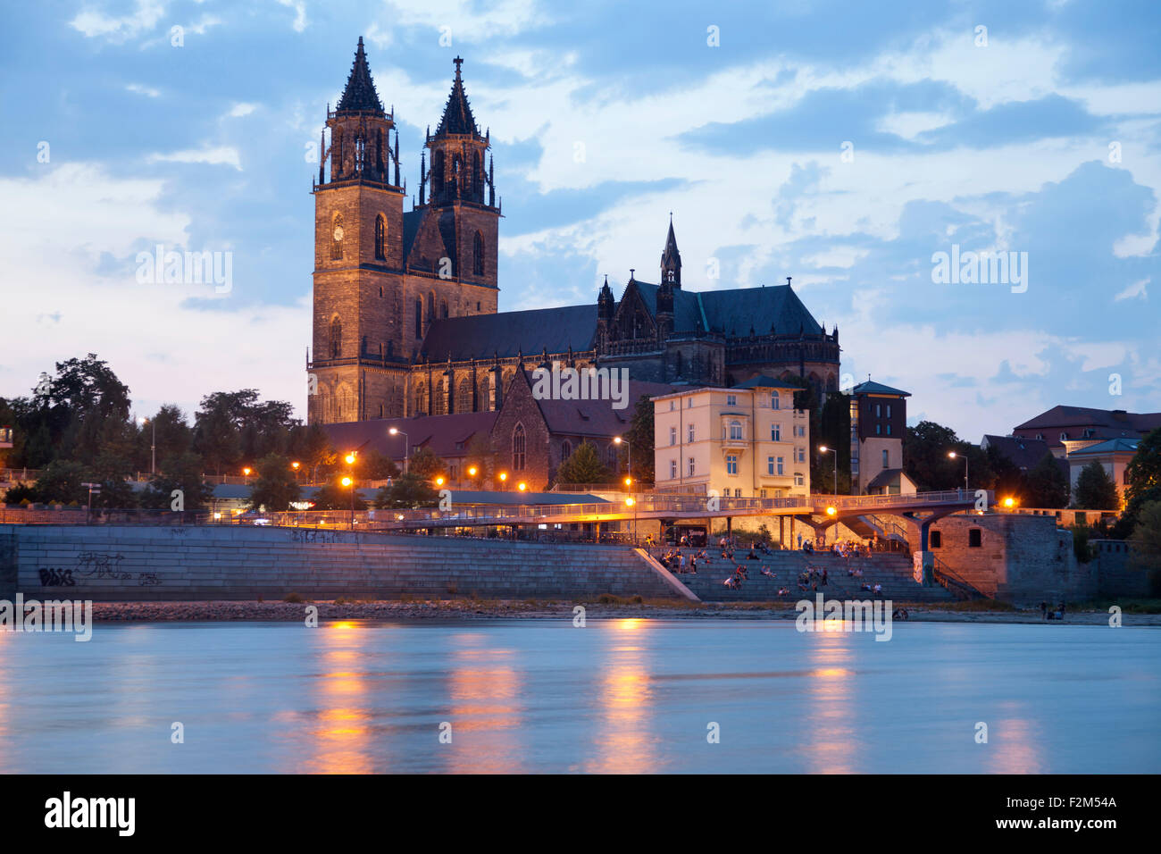 Germany, Magdeburg, banks of the Elbe and the Cathedral of Magdeburg at ...