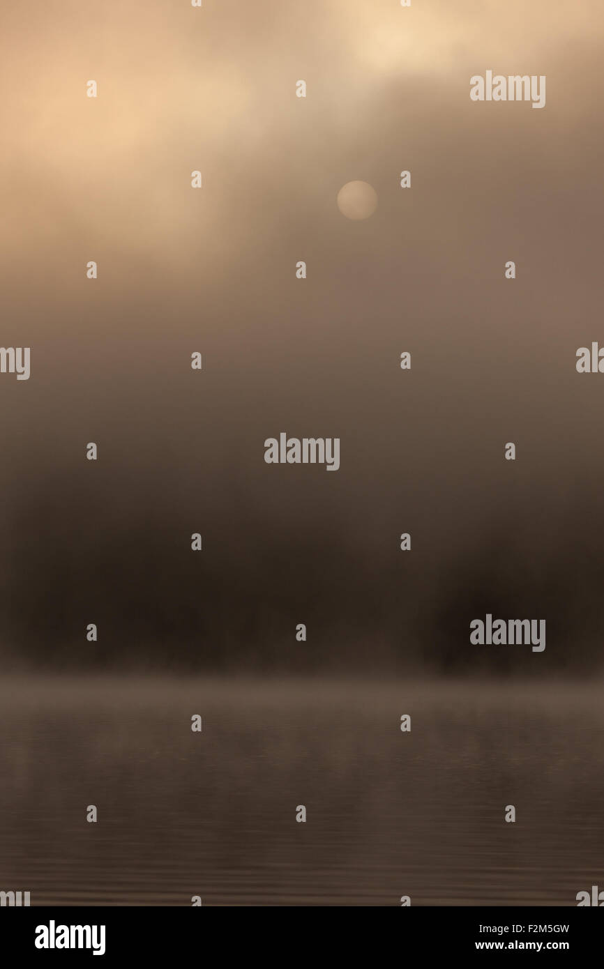 Morning sun through fog at lake Stock Photo - Alamy