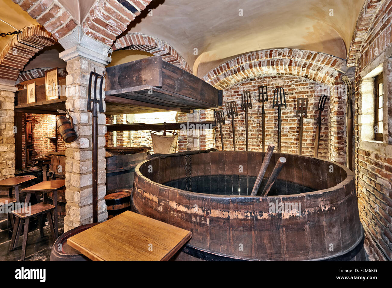 Old section of the ancient history of beer in the brewery museum in the ...