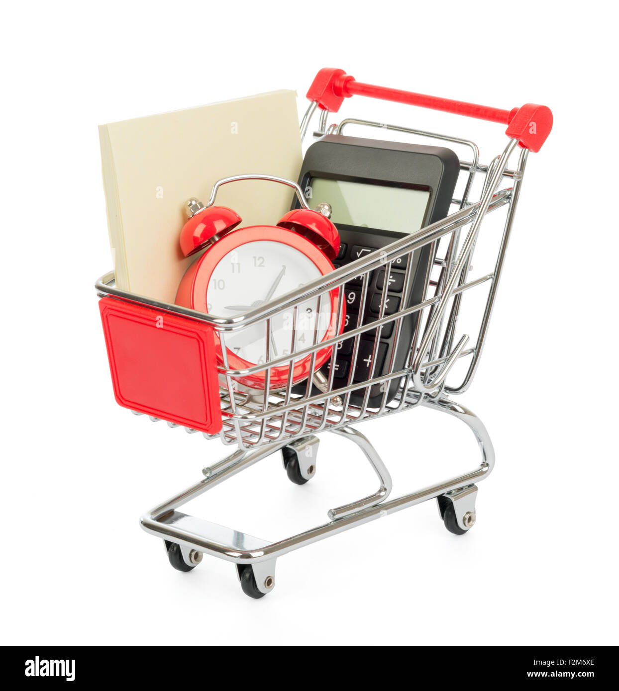 Calculator with alarm clock in shopping cart Stock Photo - Alamy