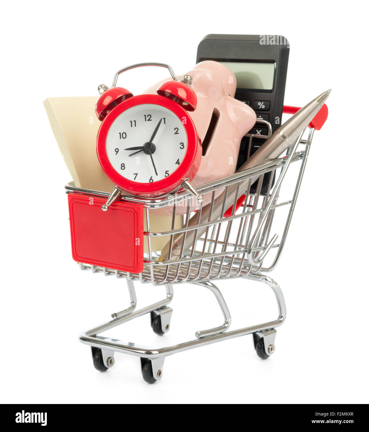Piggy bank with alarm clock in shopping cart Stock Photo - Alamy