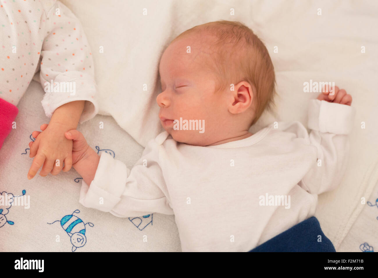 Newborn twins sleeping hand in hand Stock Photo - Alamy