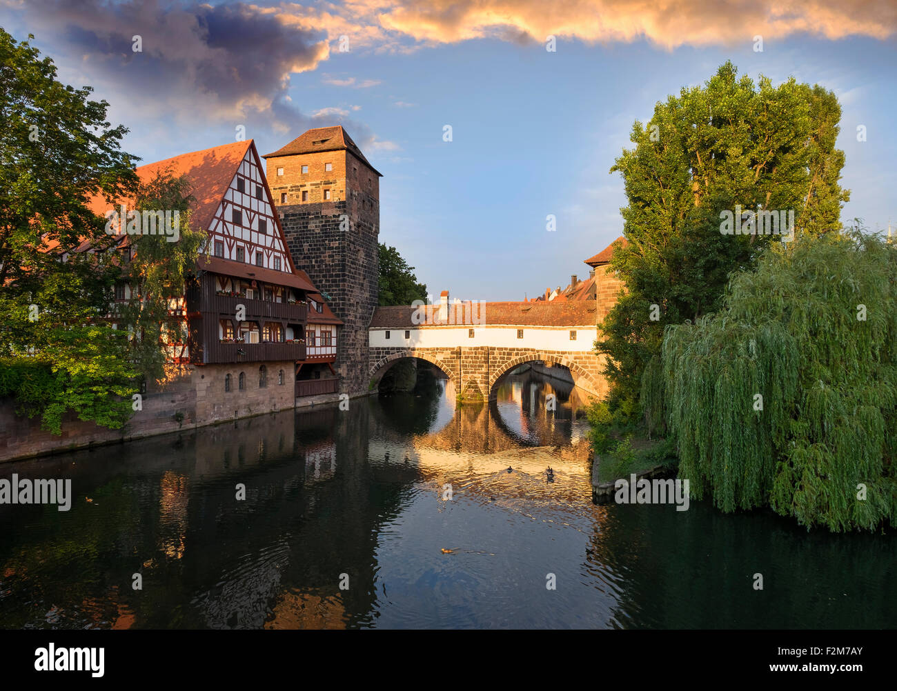 Germany, Nuremberg, wine bar and water tower at Pegnitz River Stock ...