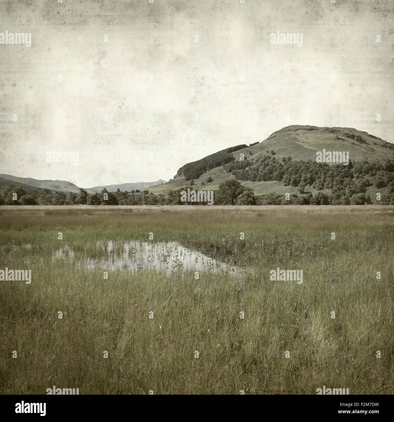 textured old paper background with Scotland summer landscape Stock ...