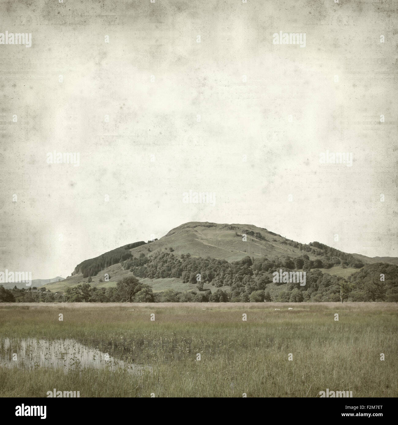 textured old paper background with Scotland summer landscape Stock ...