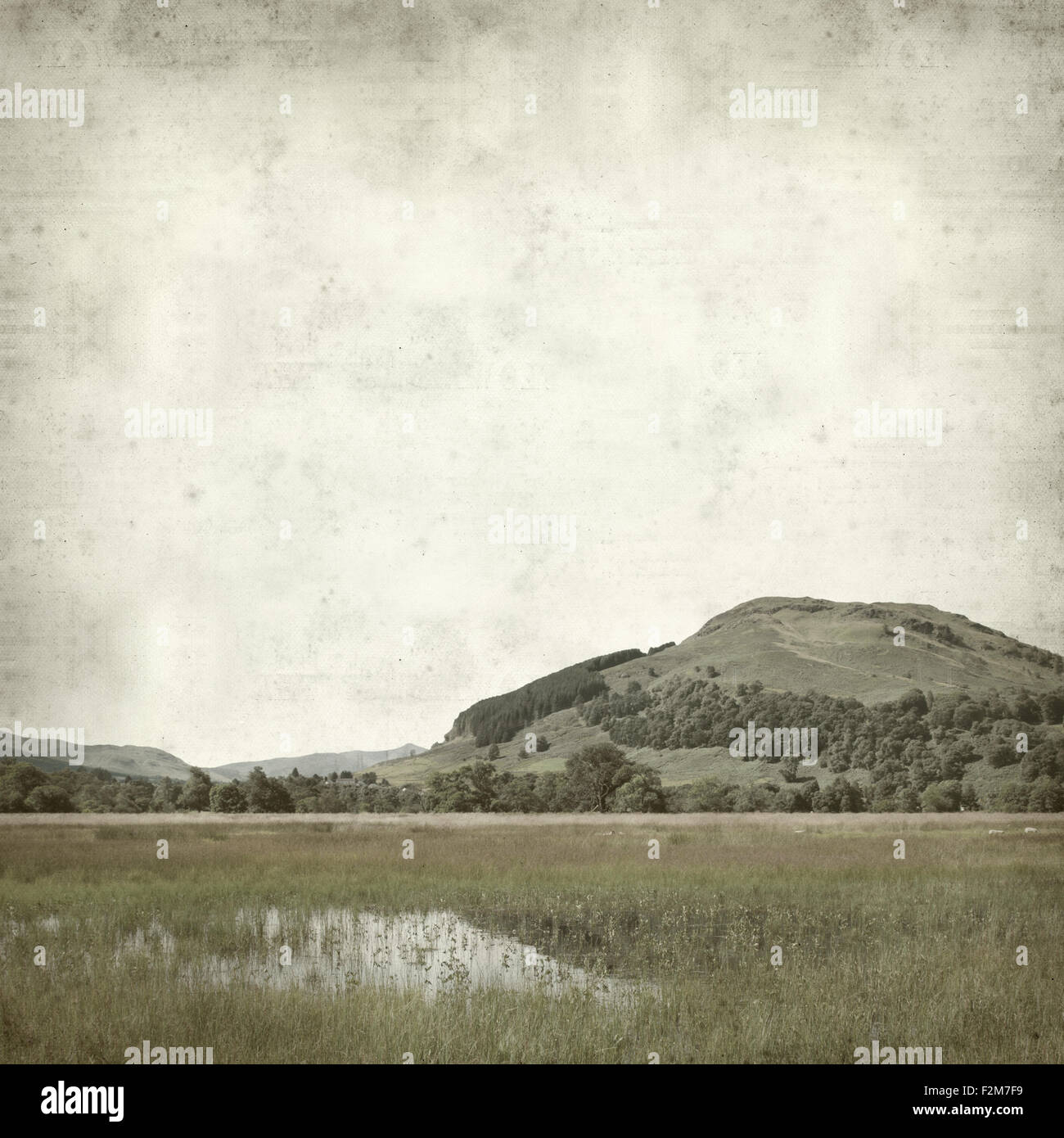 textured old paper background with Scotland summer landscape Stock ...