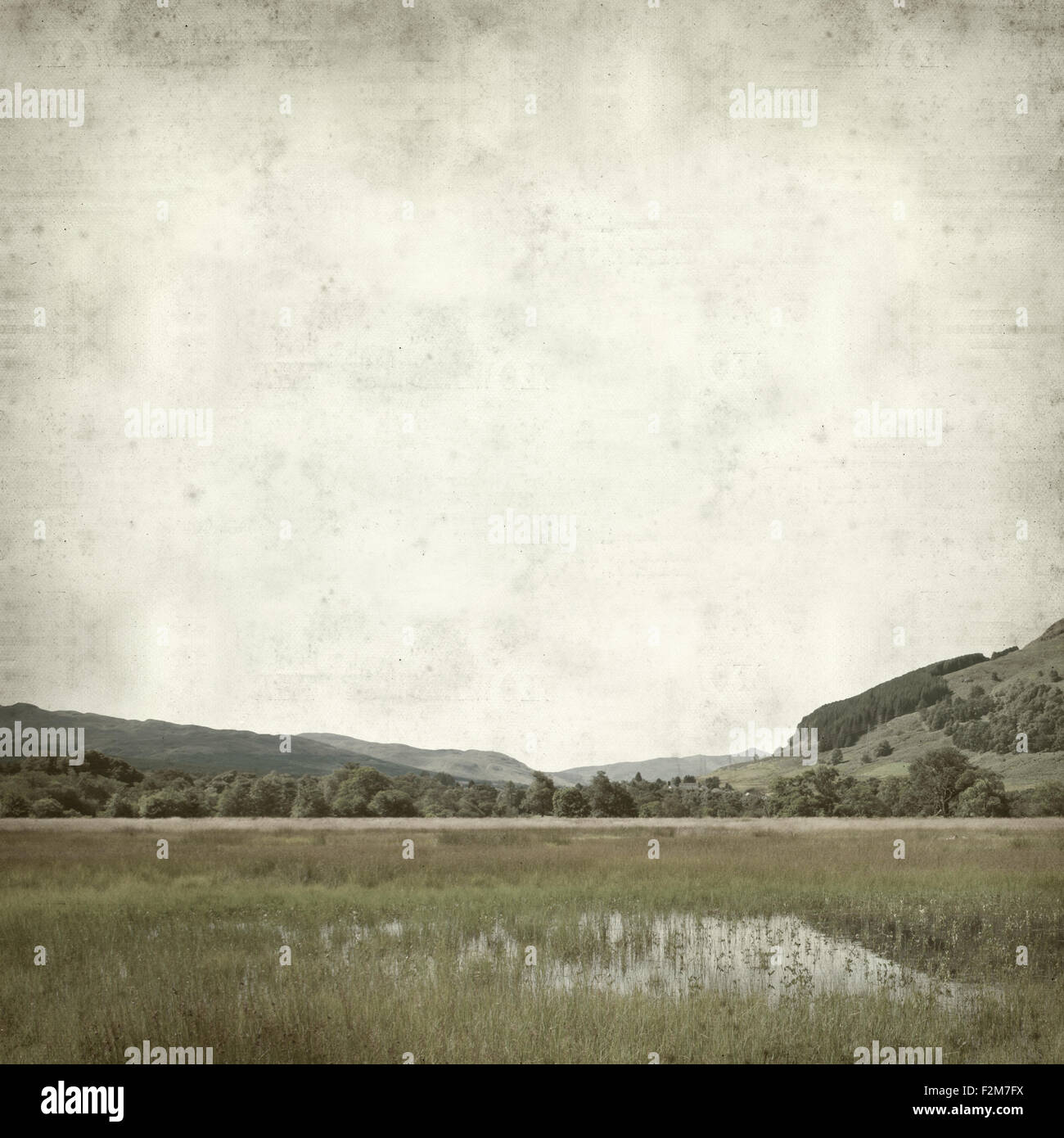 textured old paper background with Scotland summer landscape Stock ...