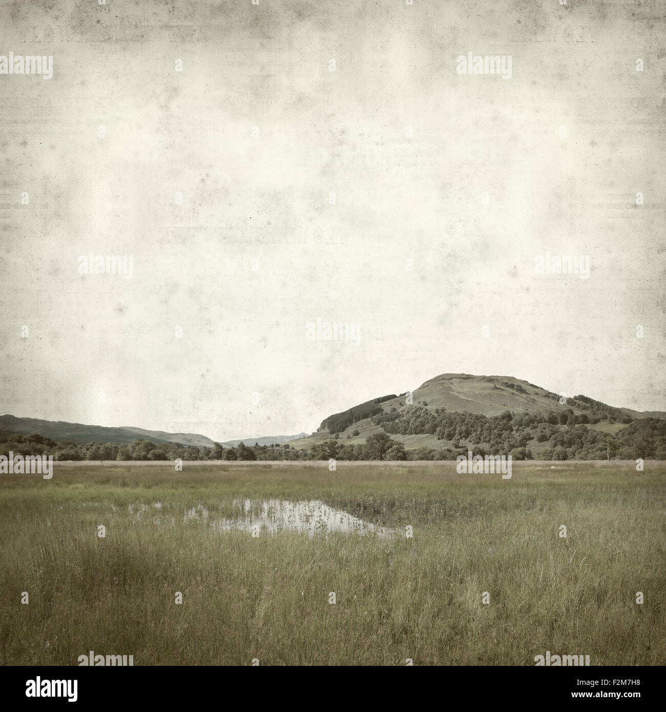 textured old paper background with Scotland summer landscape Stock ...