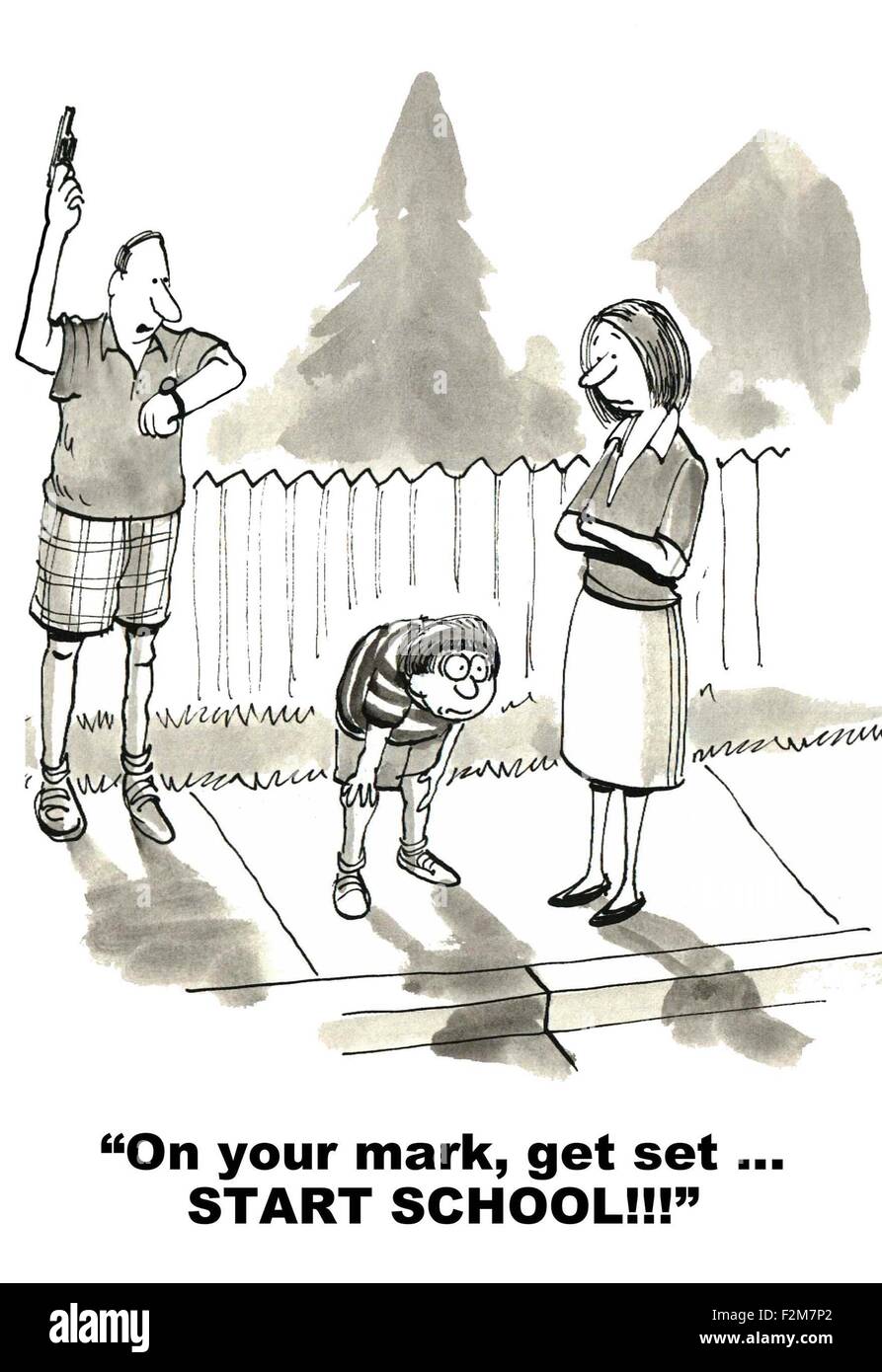 Education cartoon showing boy preparing to run and parents saying, "On ...