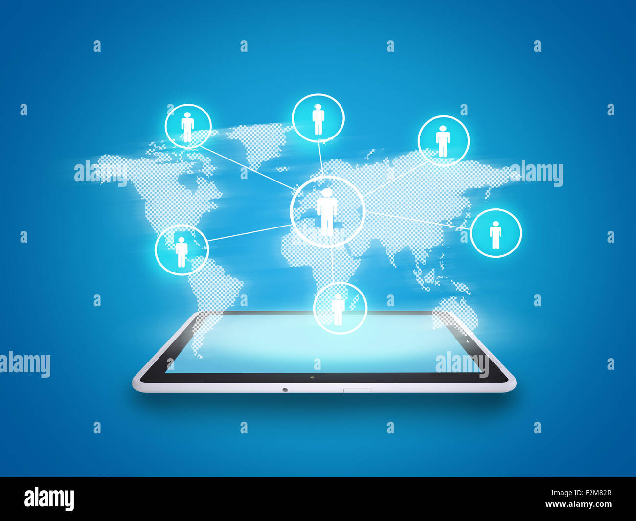 Tablet with world map and people symbols Stock Photo - Alamy