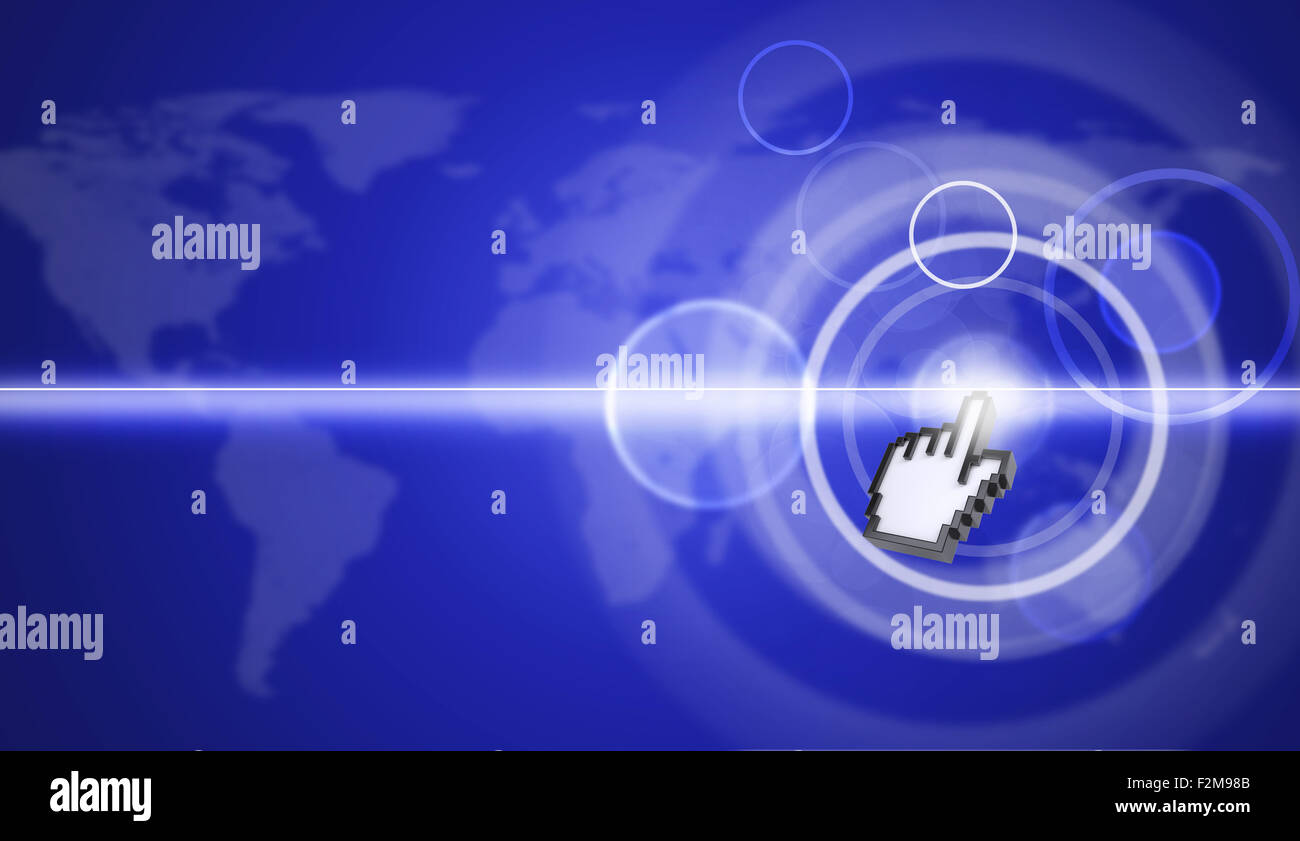 Cursor pressing on virtual screen with world map Stock Photo - Alamy
