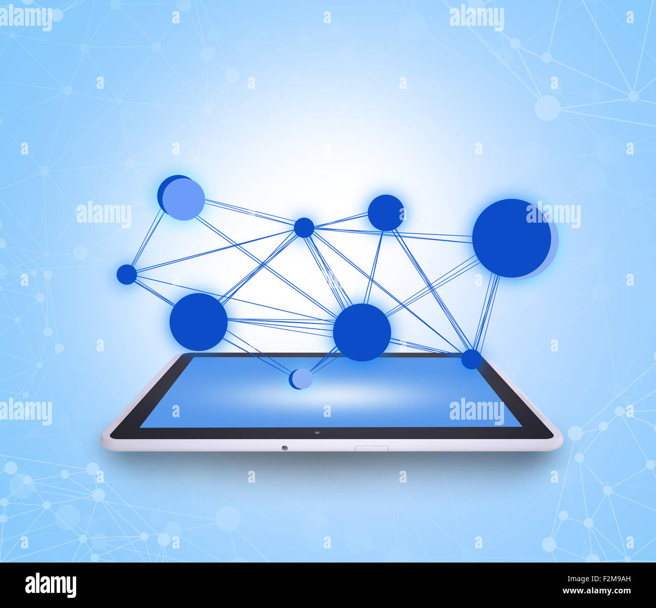 Tablet on abstract blue background with molecules Stock Photo - Alamy