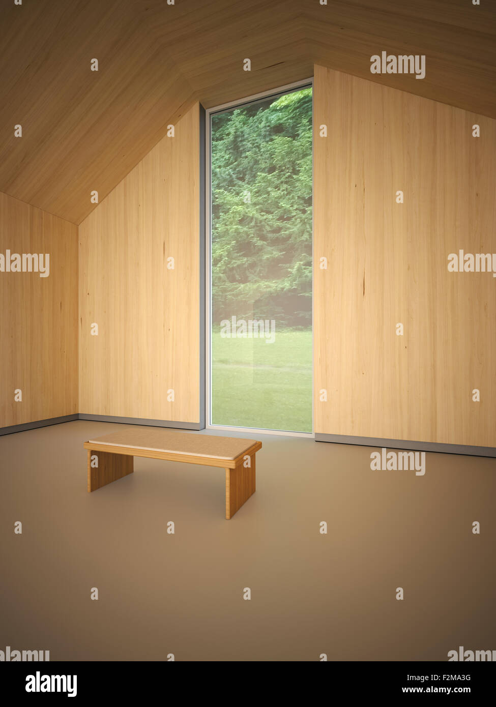 Empty room with wooden wall cladding and a bench Stock Photo - Alamy