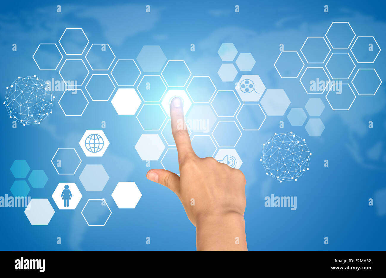 Humans hand pressing on virtual screen Stock Photo - Alamy