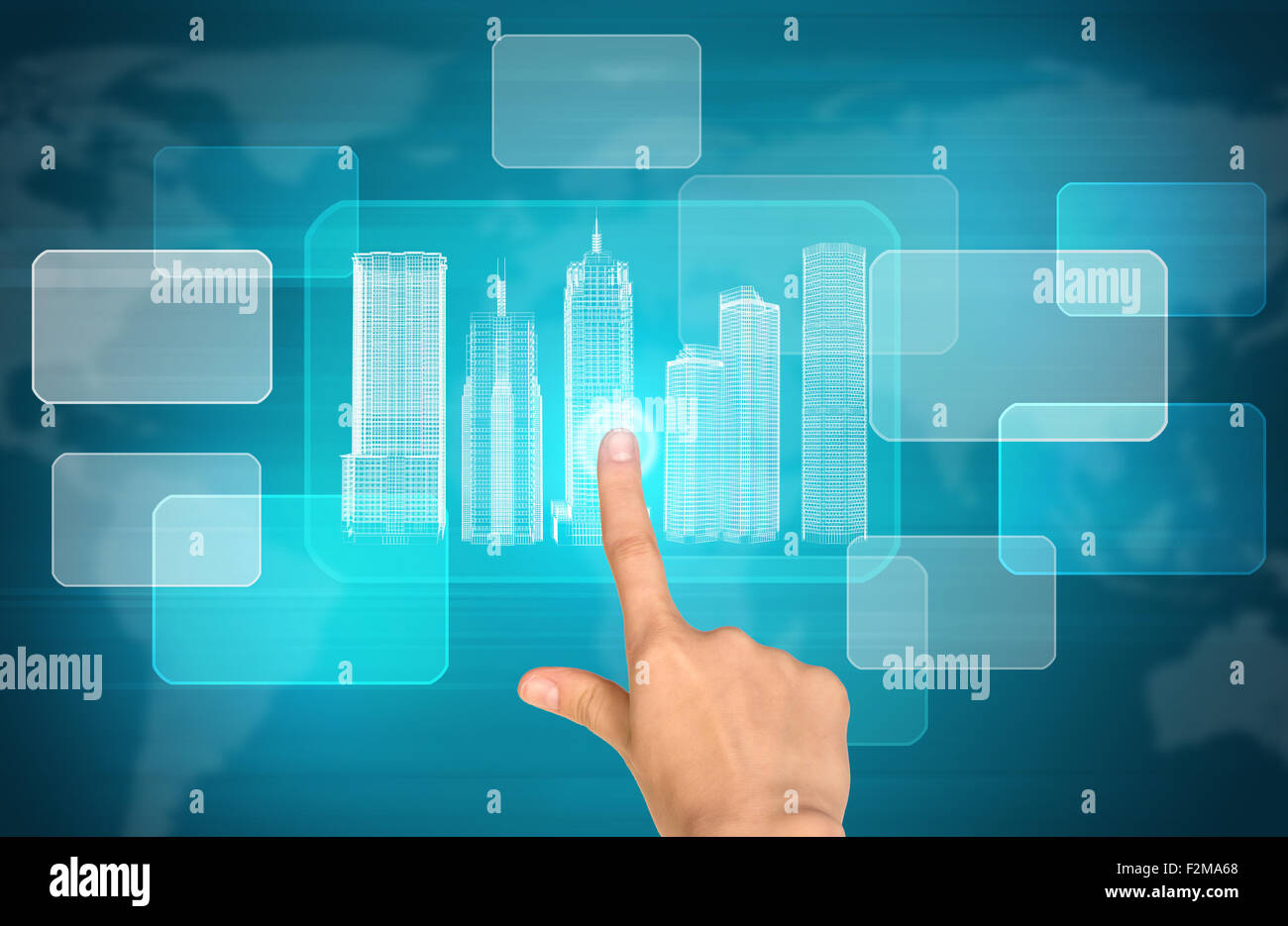 Humans hand pressing on virtual city model Stock Photo - Alamy