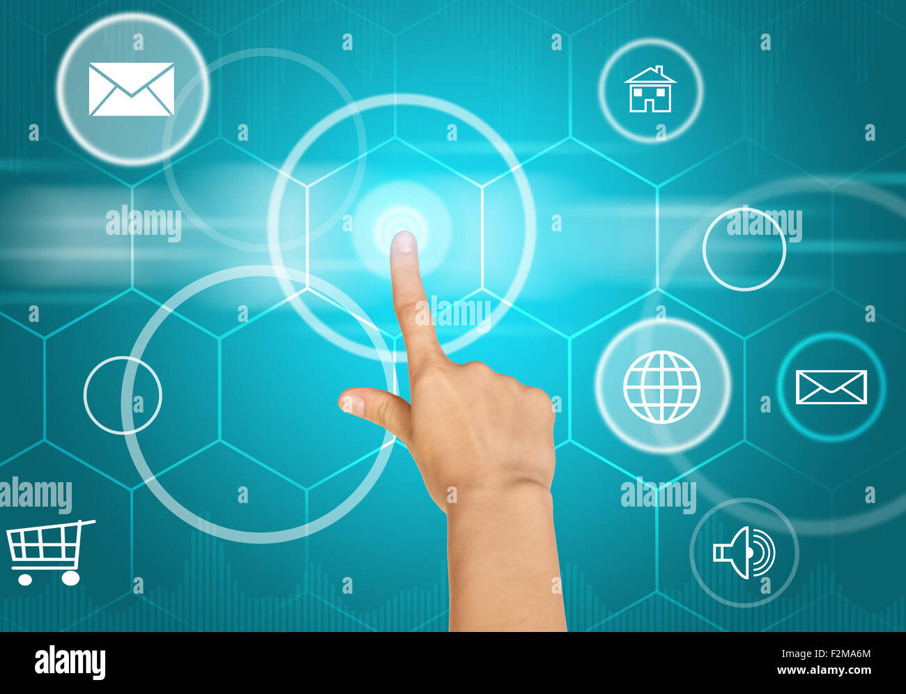 Humans hand clicking on virtual blue screen Stock Photo - Alamy